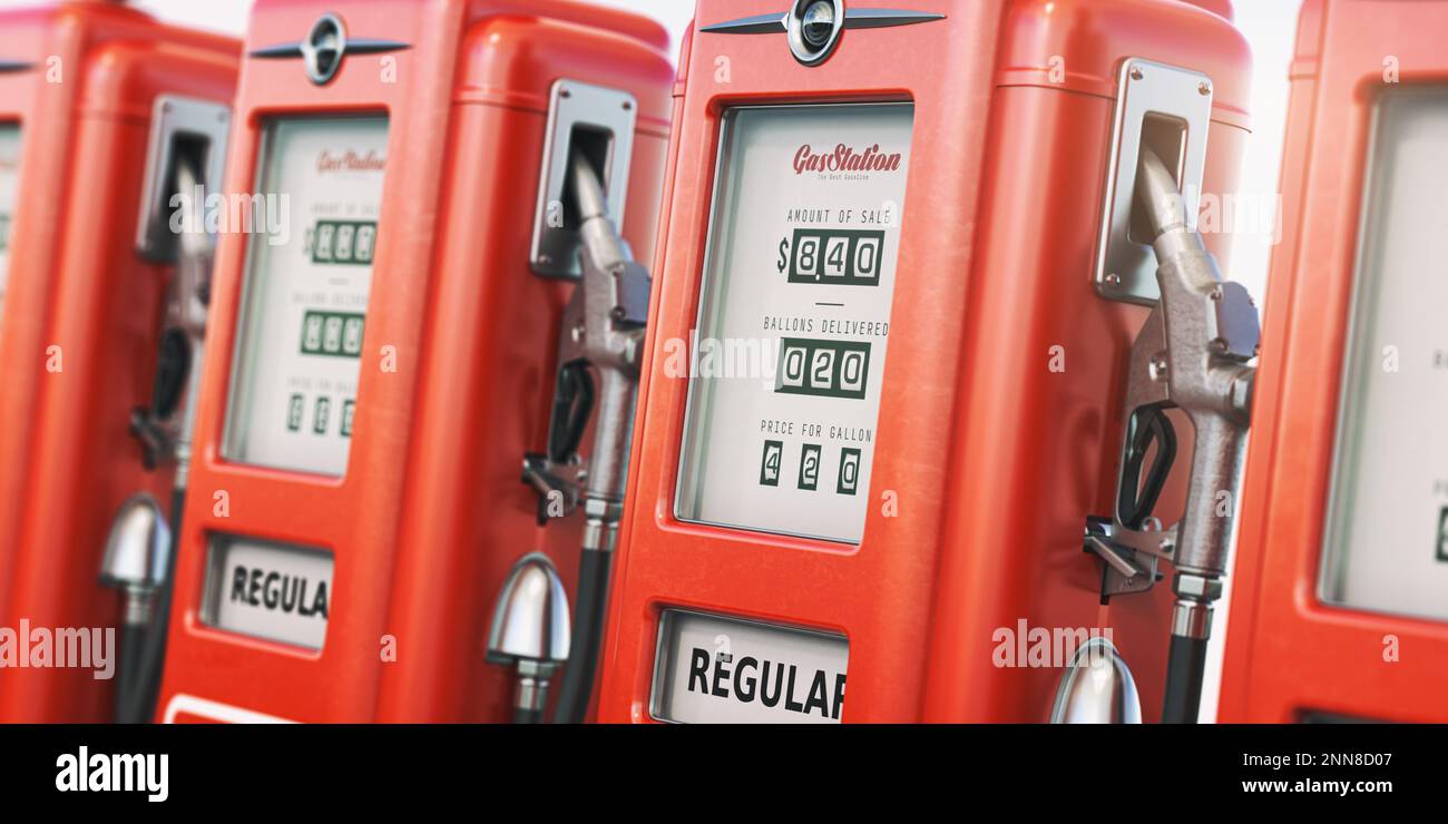 Row of vintage fuel pumps on gas pump station. 3d illustration Stock ...