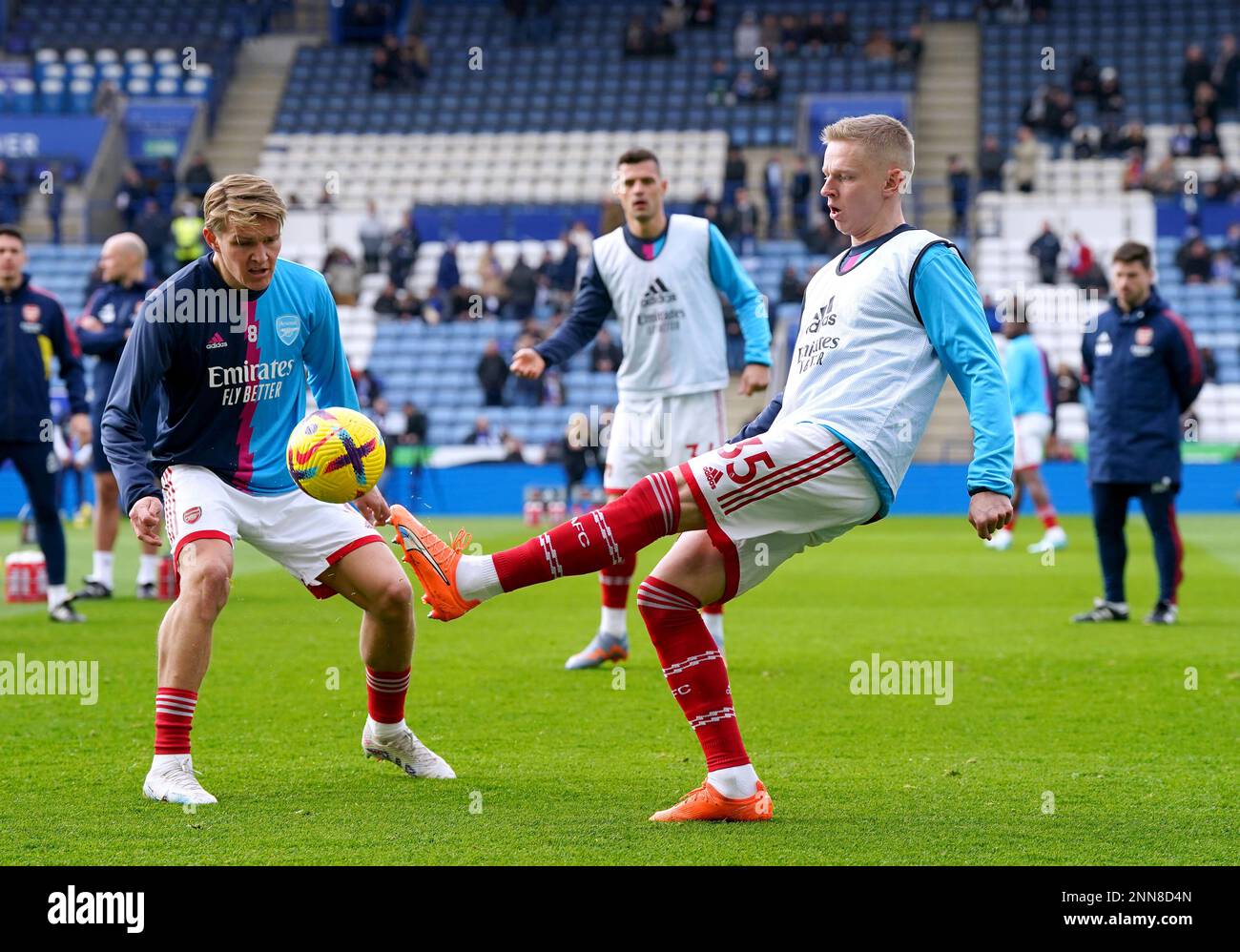 Arsenal's Oleksandr Zinchenko (right) and Martin Odegaard warm up ahead ... Arsenal's Oleksandr Zinchenko (right) and Martin Odegaard warm up ahead ...
