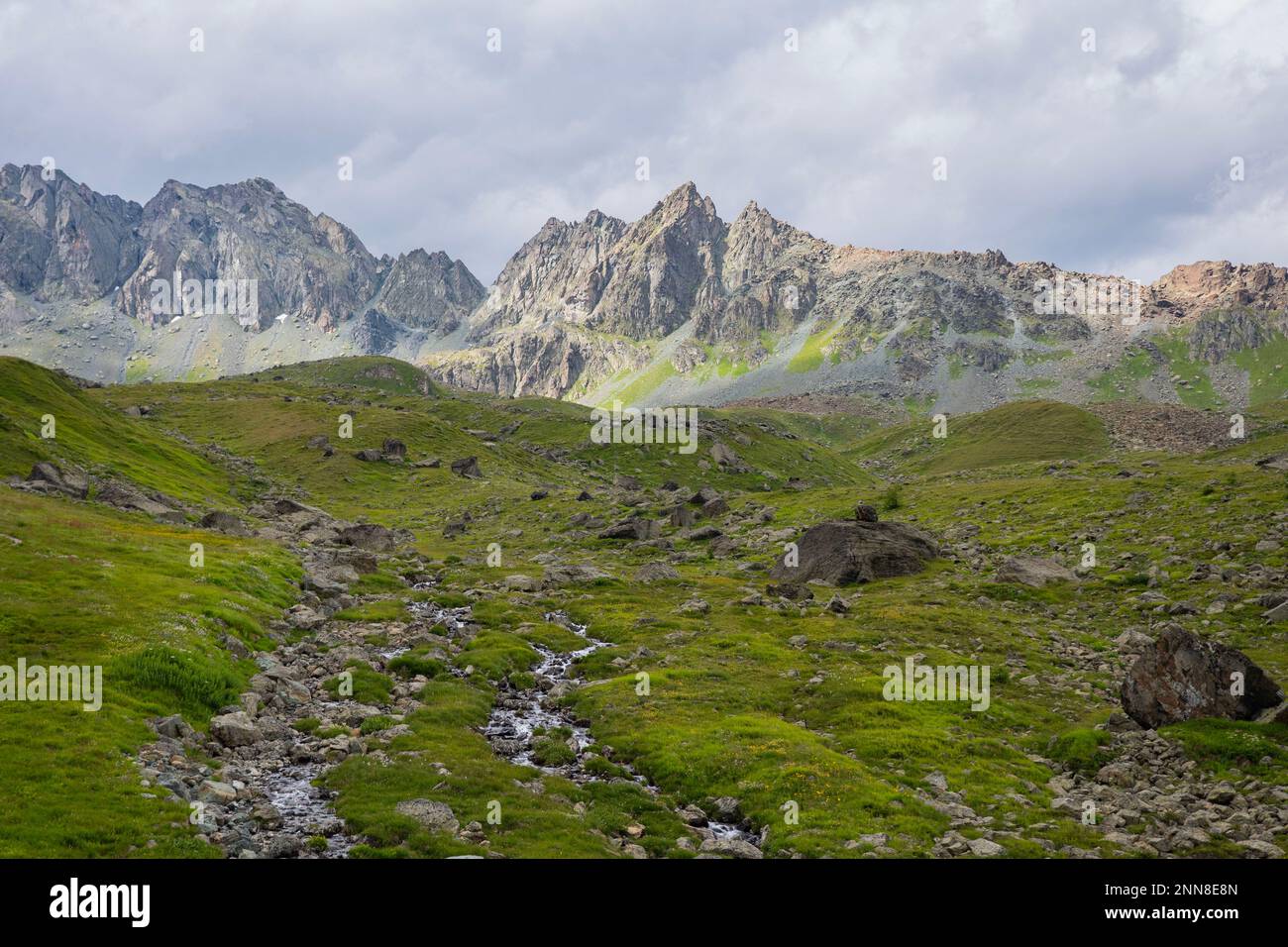 A panoramic view of the huge mountain tops of Silvretta Arena Ischgl. A ...