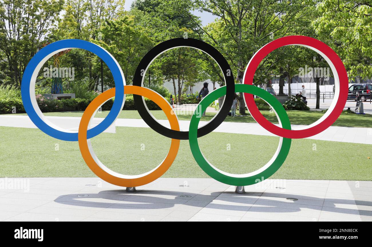 A photo shows a five-ring Olympic emblem in ftont of National Stadium ...