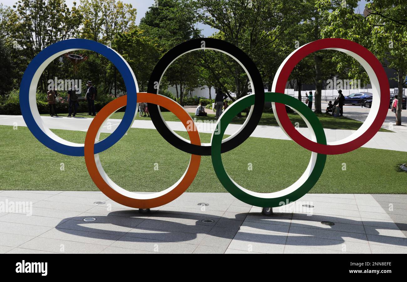 A photo shows a five-ring Olympic emblem in ftont of National Stadium ...
