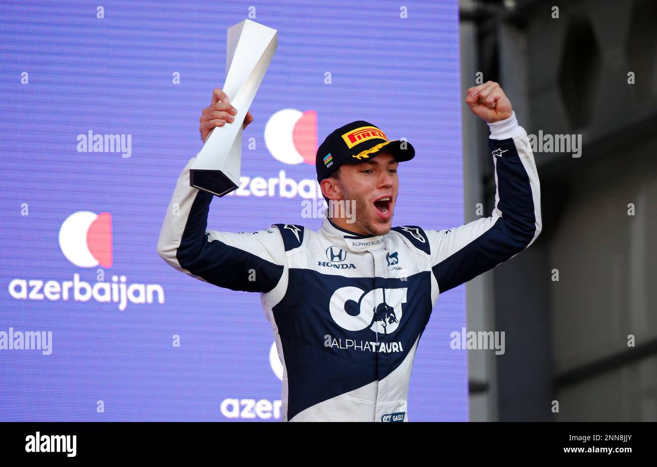 Third place, AlphaTauri driver Pierre Gasly of France celebrates on the ...