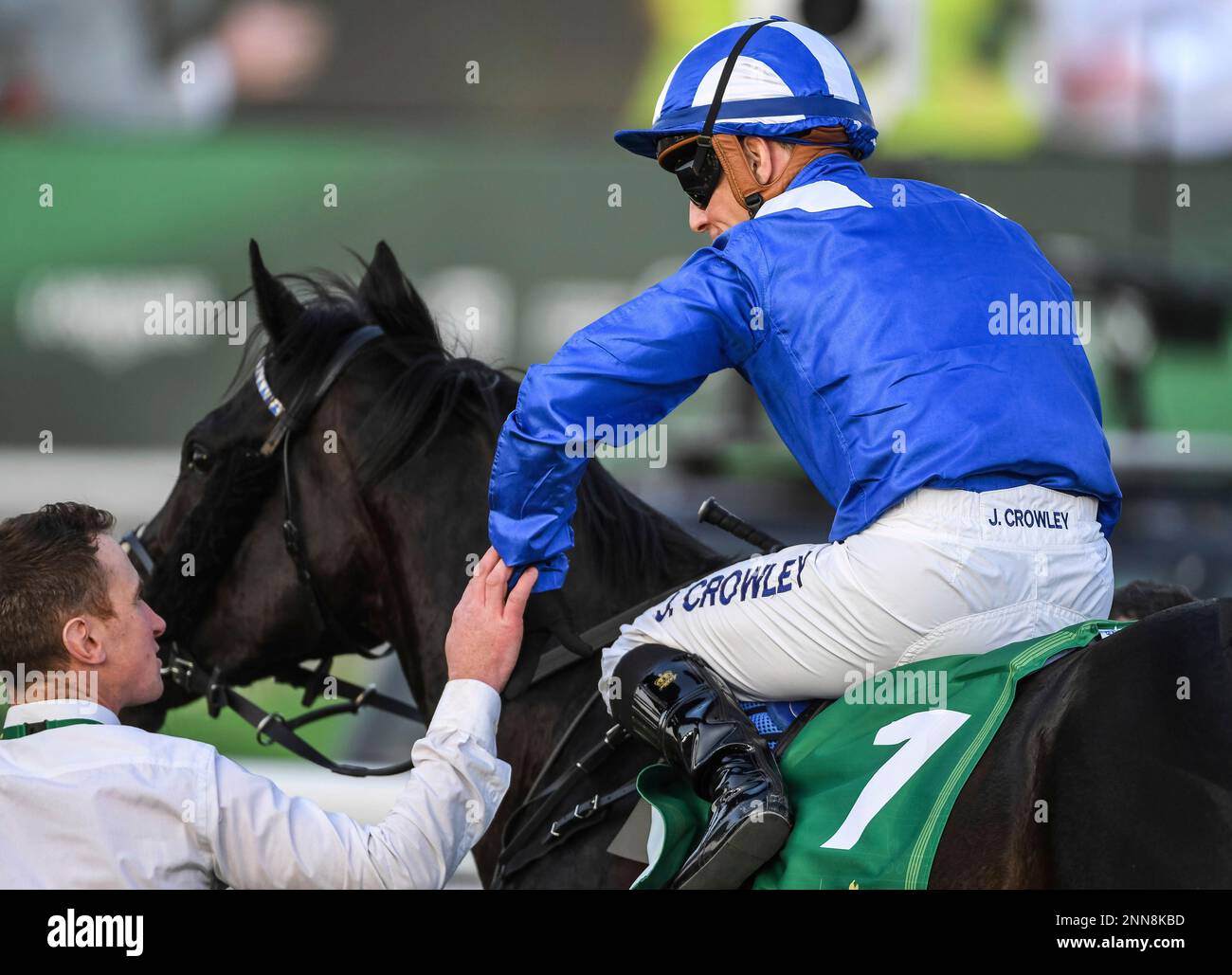 Mostahdaf's jockey Jim Crowley receives congratulations after winning ...
