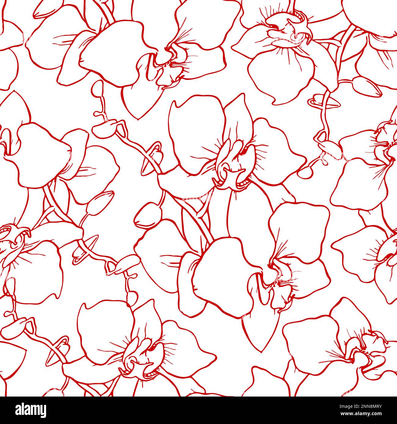 seamless pattern of large red silhouettes of orchids on a white ...
