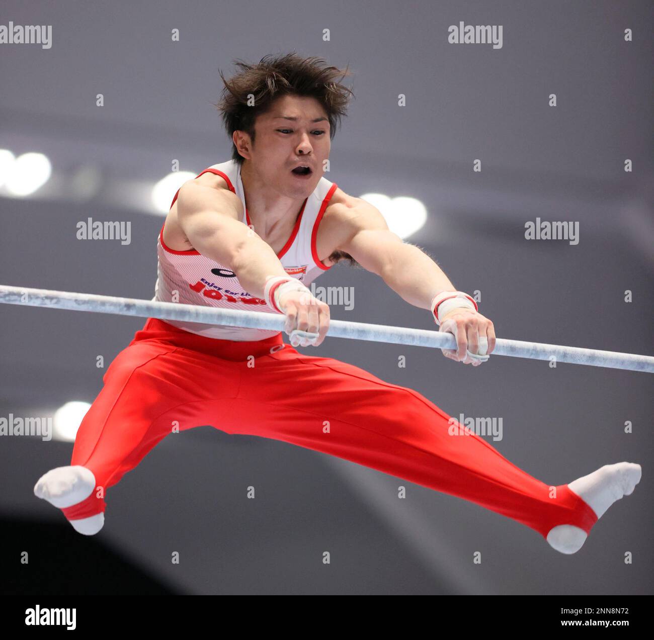 Kohei Uchimura peforms a horizontal bar during Day 1 of the All Japan ...