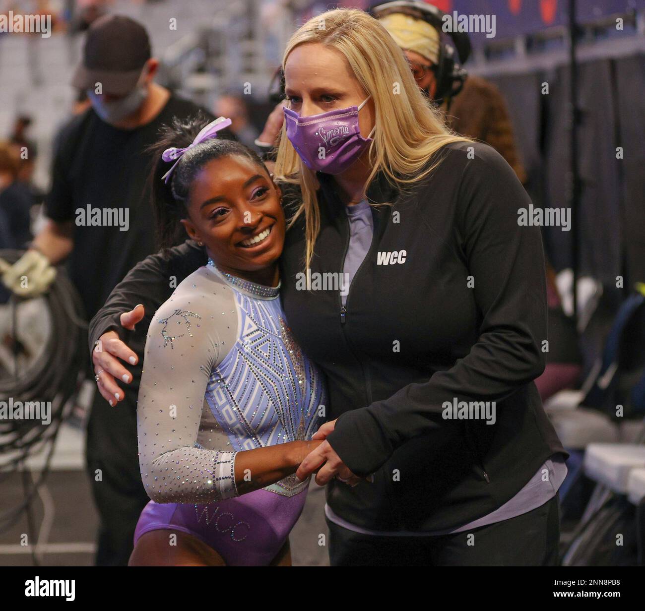 June 4, 2021: Simone Biles embraces her coach Cecile Landi during ...
