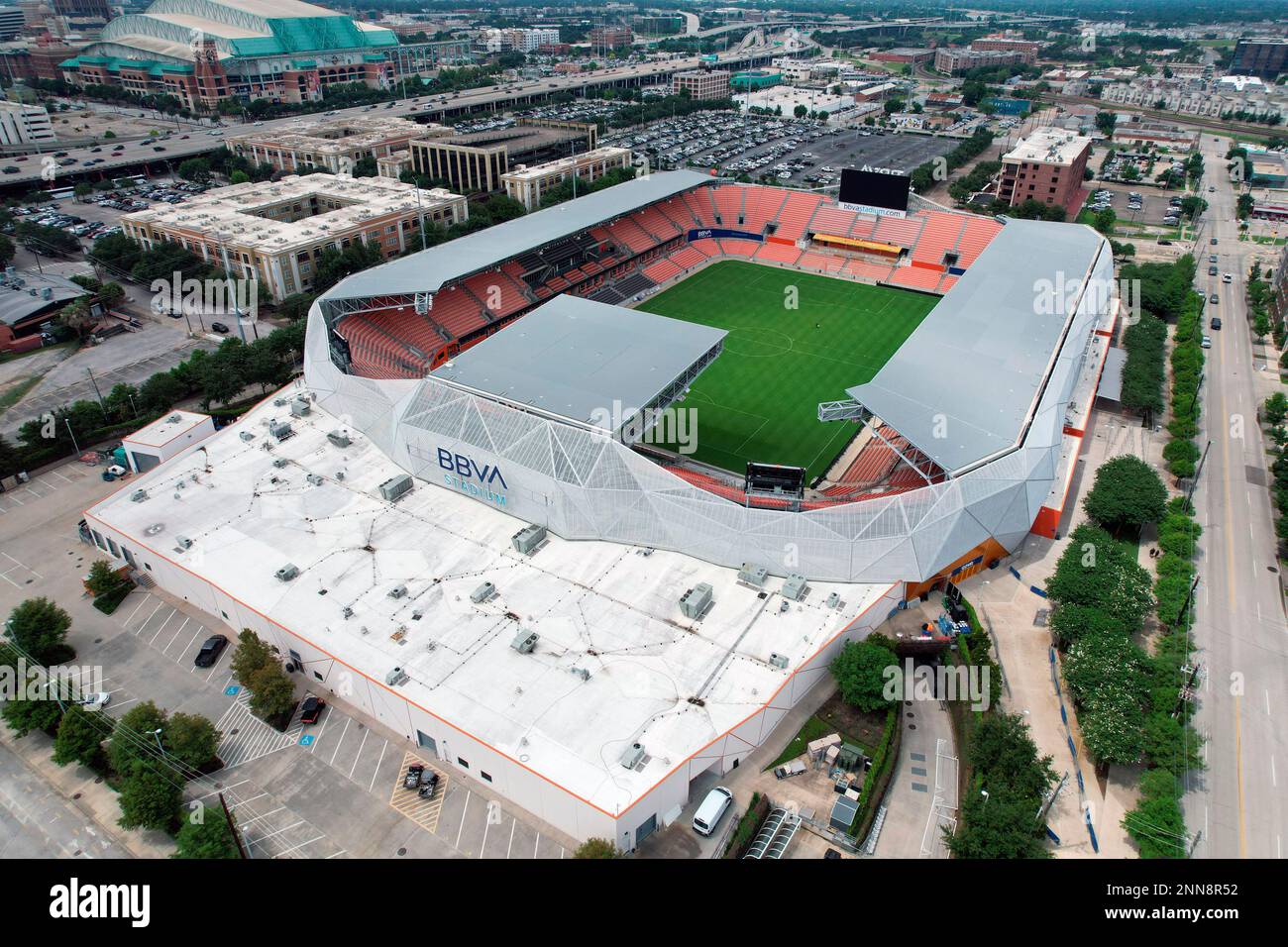 An aerial view of BBVA Stadium, Sunday, May 30, 2021, in Houston, The ...