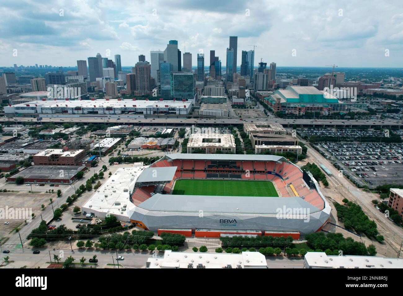 An aerial view of BBVA Stadium and downtown skyline, Sunday, May 30 ...