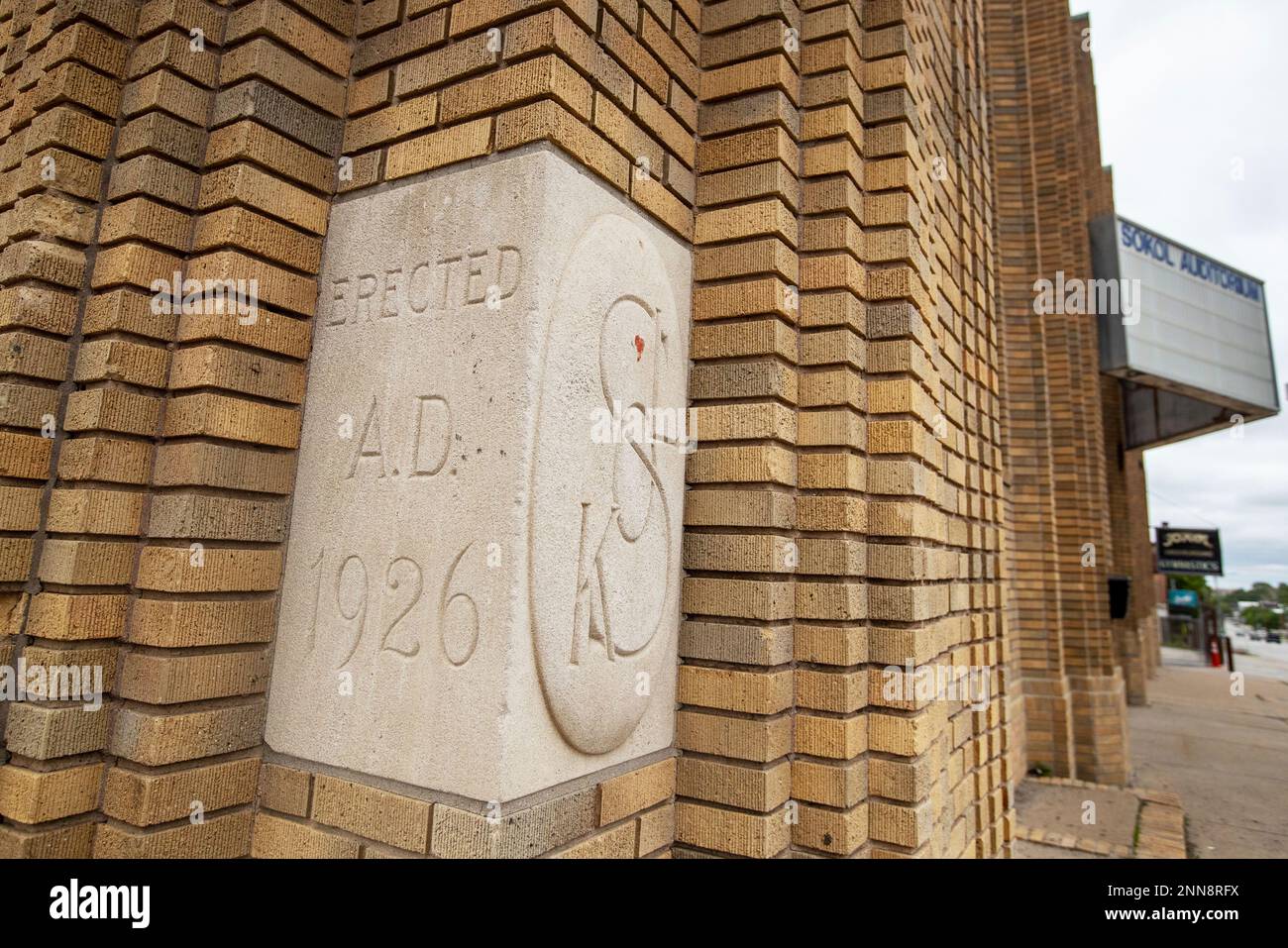 The cornerstone from when Sokol Auditorium was built in 1926 is ...