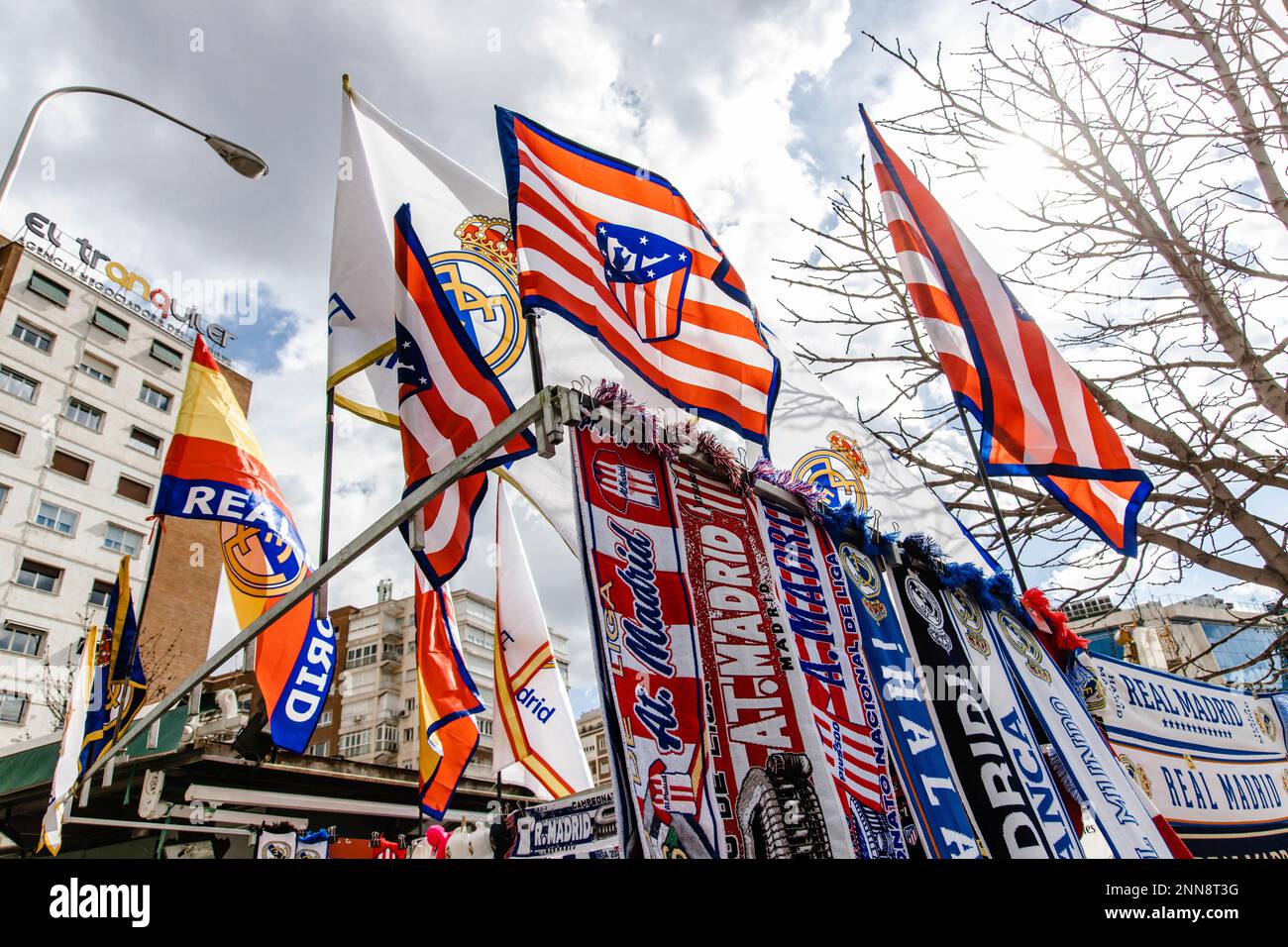A soccer team pennant stand in the vicinity of the Santiago Bernabeu ...