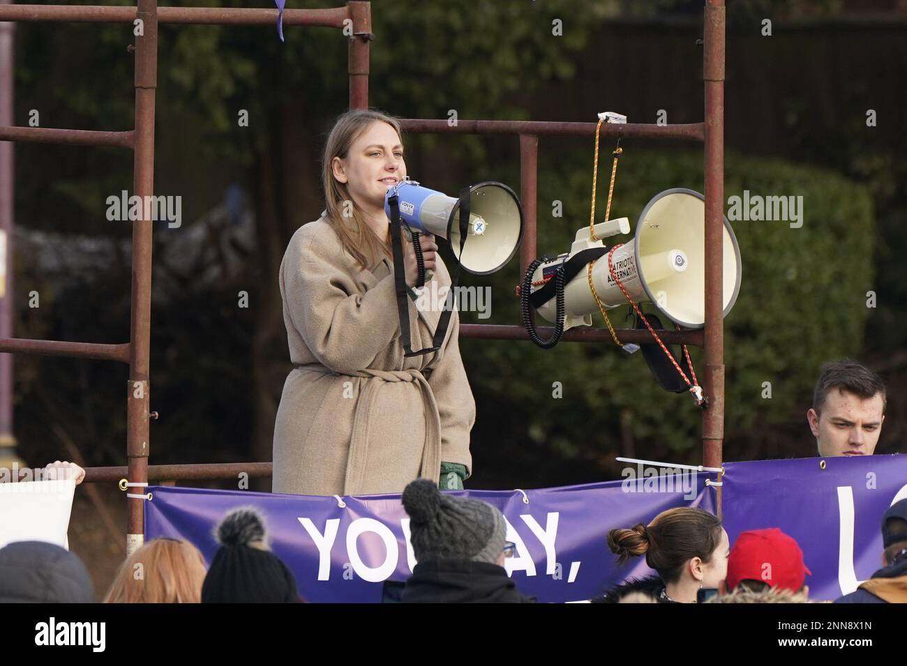 Laura Towler on stage during a protest by nationalist group Patriotic ...