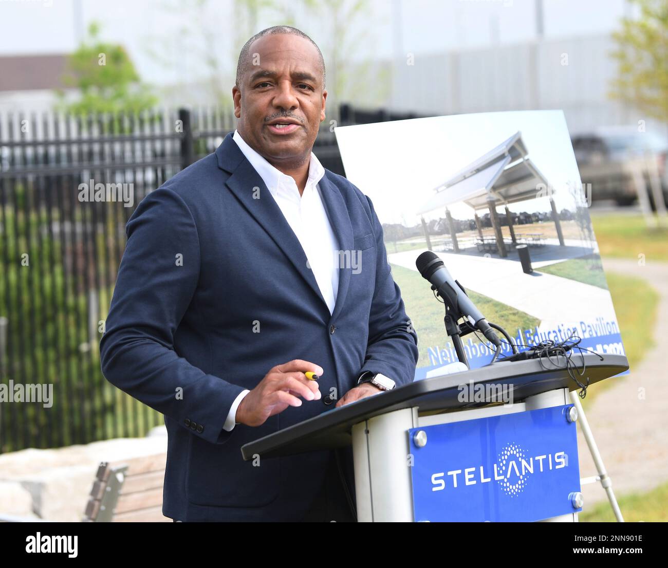 Ron Stallworth of Stellantis, speaks during a press conference ...