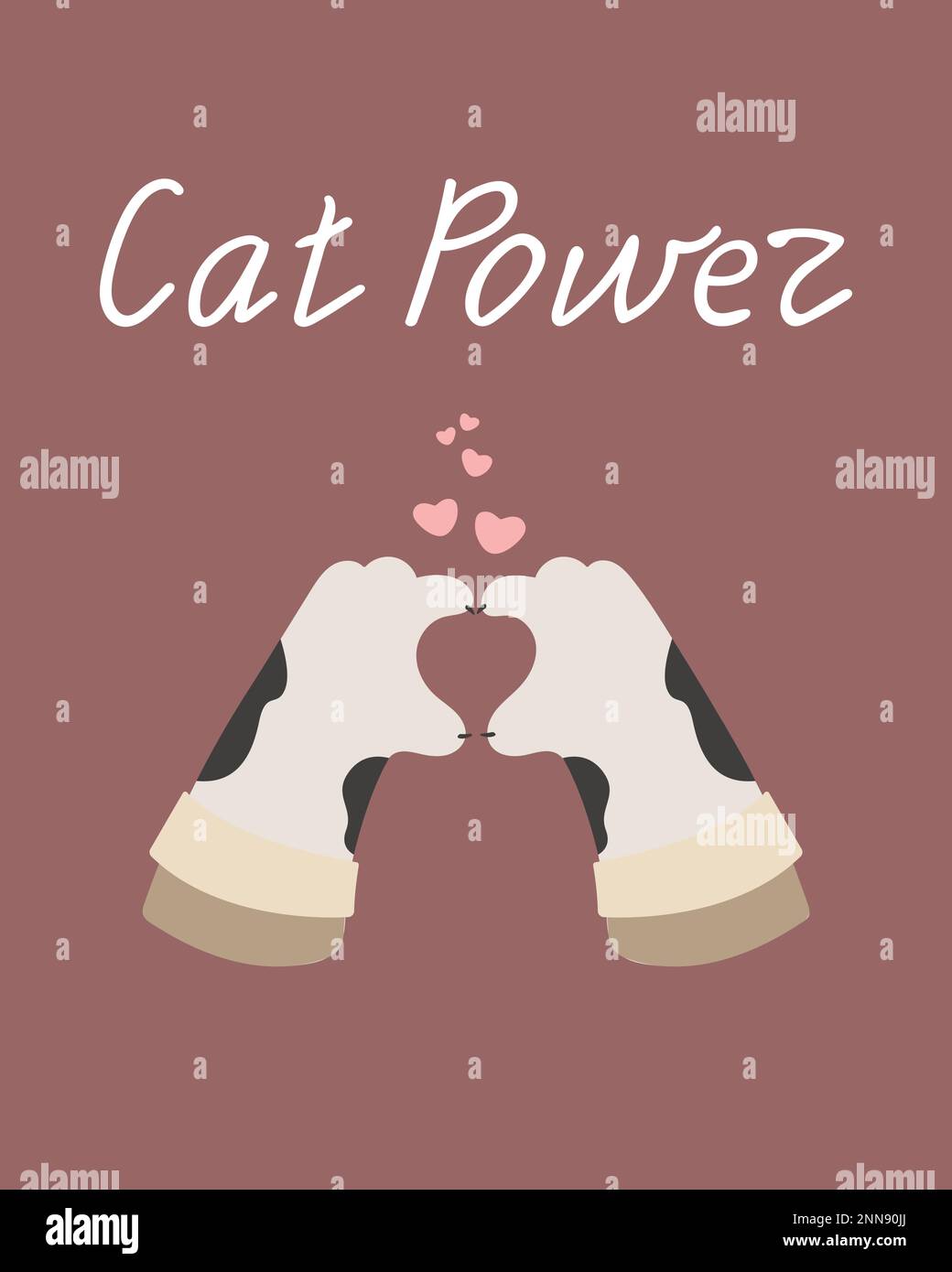 Vector postcard of cat paws, cat power inscription, heart finger ...