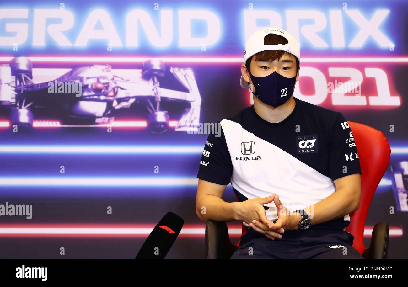 AlphaTauri driver Yuki Tsunoda of Japan speaks during a media ...