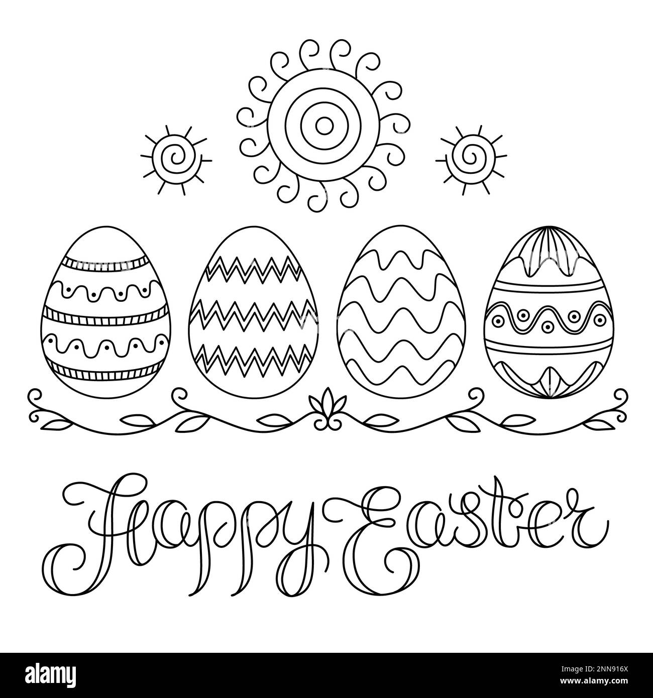 Composition with Easter eggs and sun symbols hand drawn on white ...