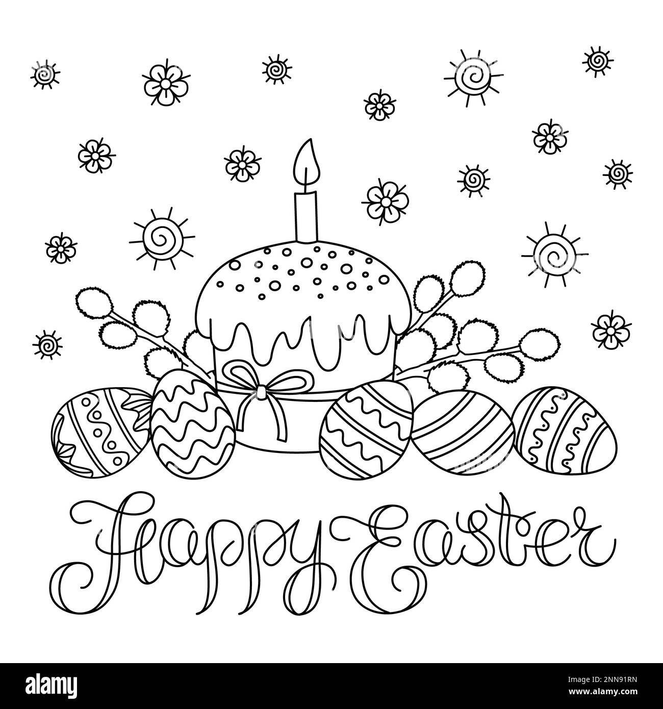 Easter composition with kulich and Easter eggs. Hand drawn contour on ...
