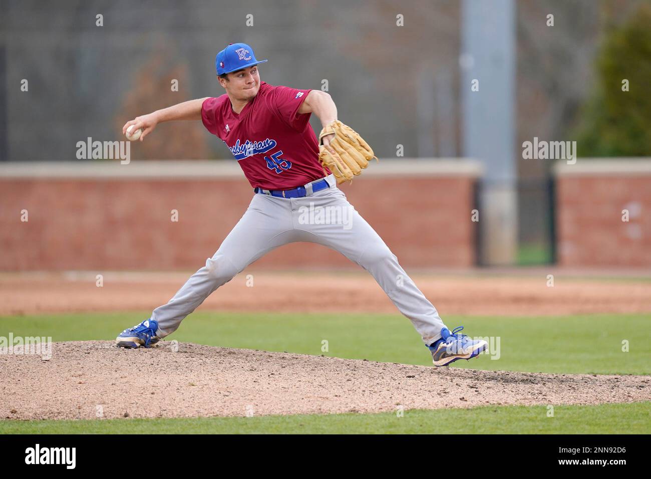 Pitcher Darien Rorabeck (45) of the Presbyterian College Blue Hose in a ...