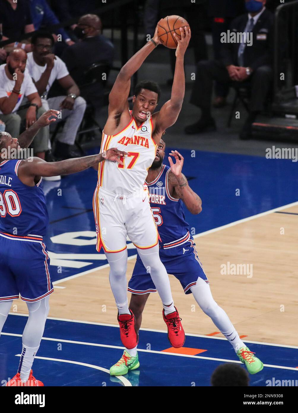 Atlanta Hawks forward Onyeka Okongwu (17) grabs a rebound during the ...