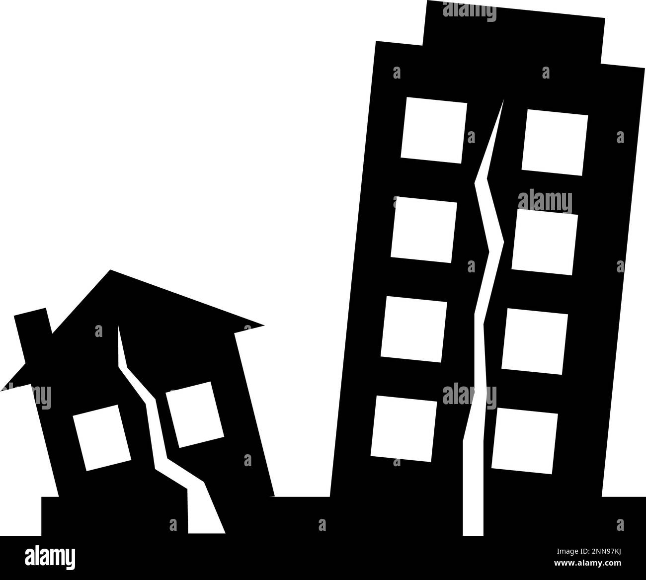 Earthquake icon on white background. Earthquake damaged to houses and ...