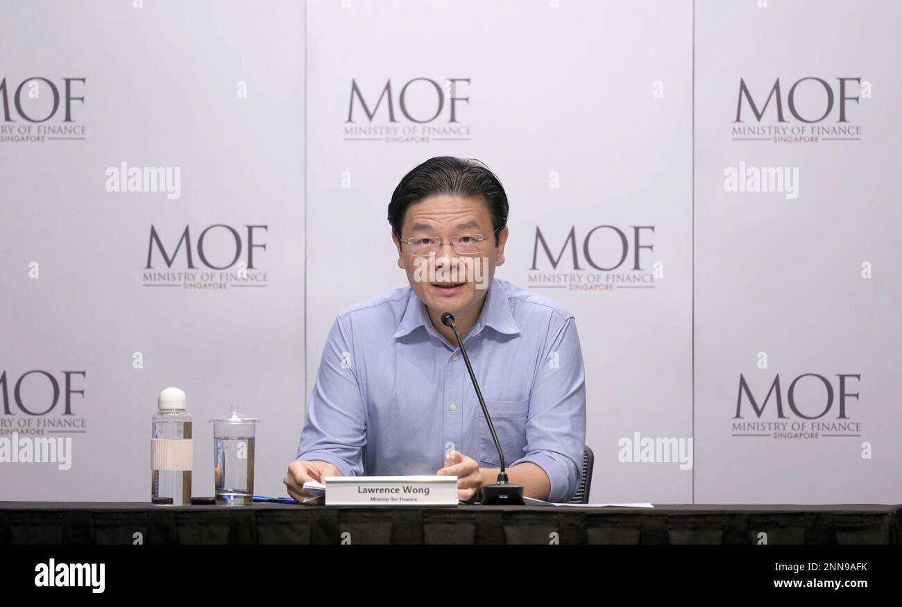 Finance Minister Lawrence Wong speaking during a virtual media ...