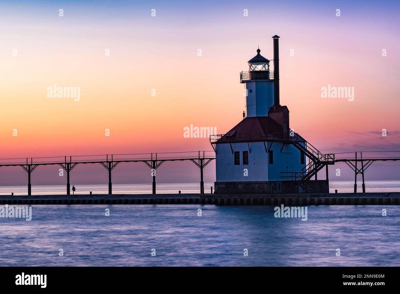St. Joseph North Pier Lighthouse on Lake Michigan at sunset, St. Joseph ...