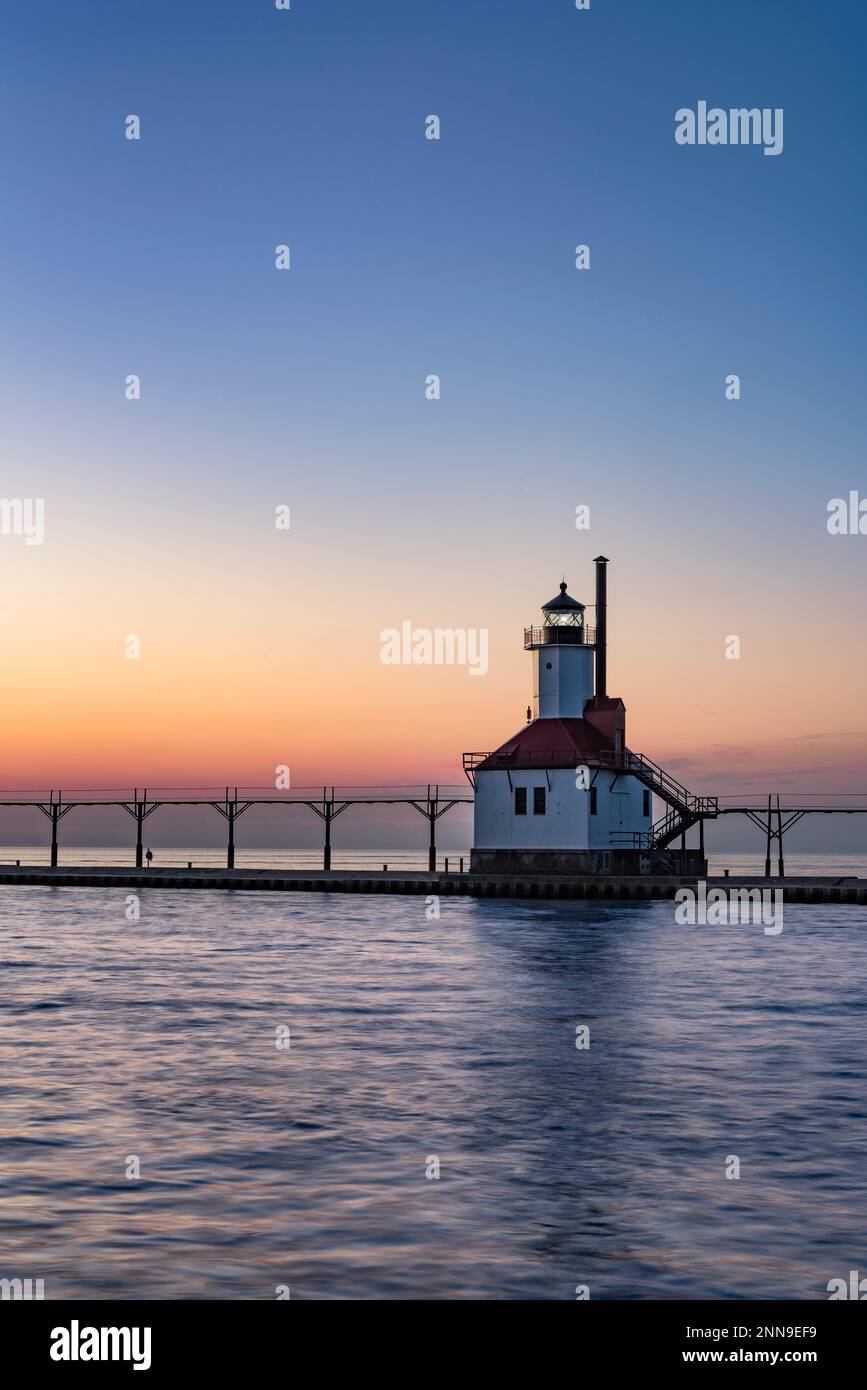 St. Joseph North Pier Lighthouse on Lake Michigan at sunset, St. Joseph ...