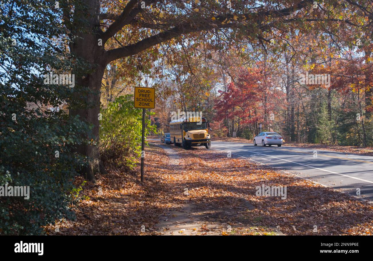 School bus behind a drug free school zone sign, North Shore Drive ...
