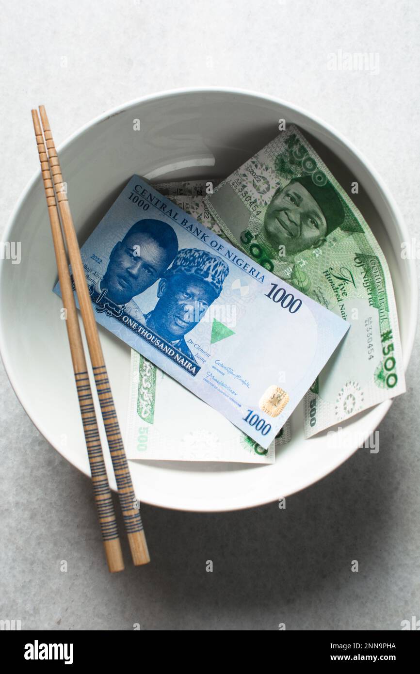 the new Nigerian 1000 and 500 Naira notes in a white bowl, Nigeria's ...