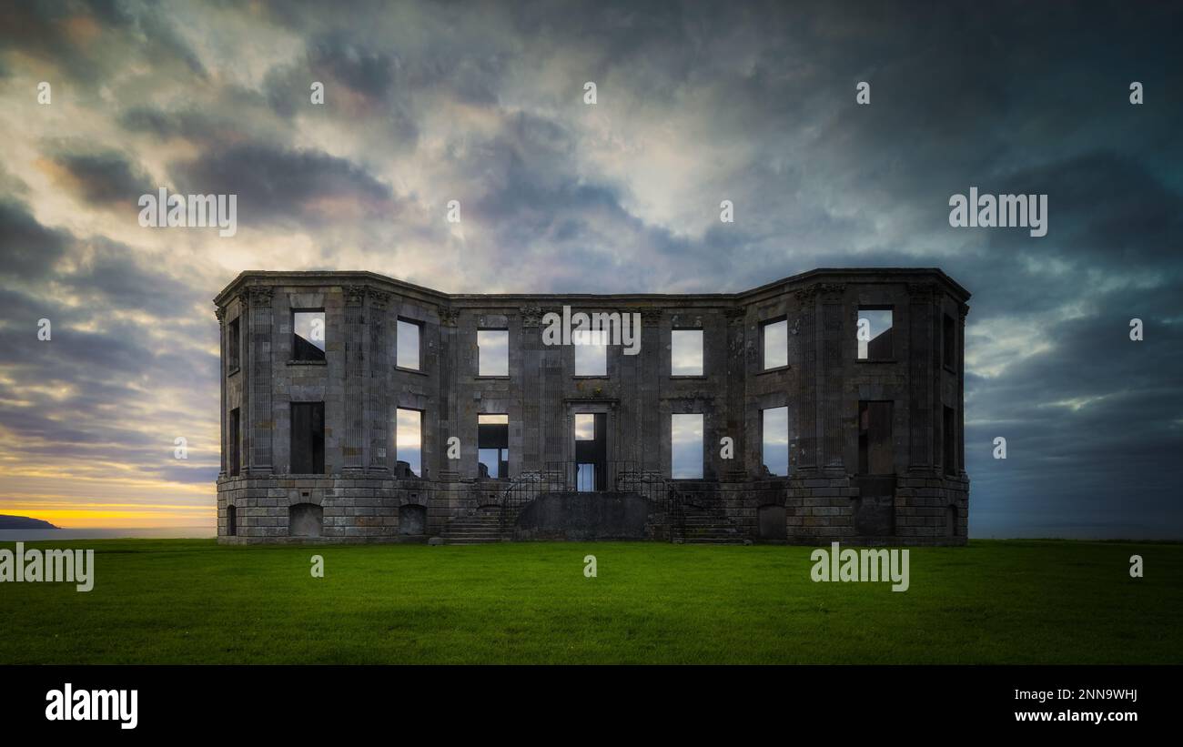 Ruins of Downhill Demesne with dramatic, moody sunset, front view ...