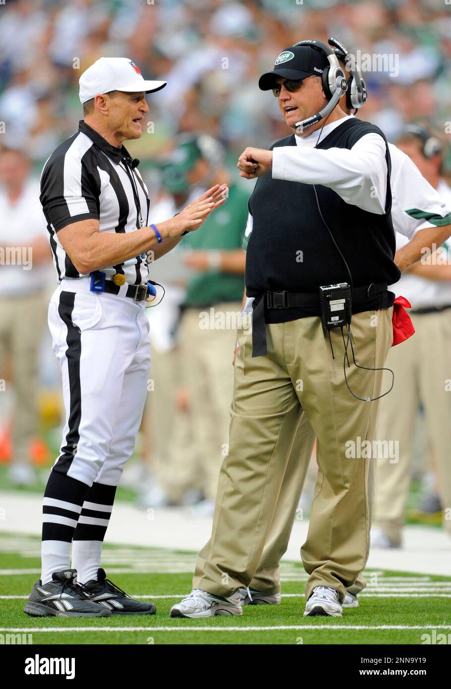 19 September 2010: New York Jets head coach Rex Ryan talks with referee ...