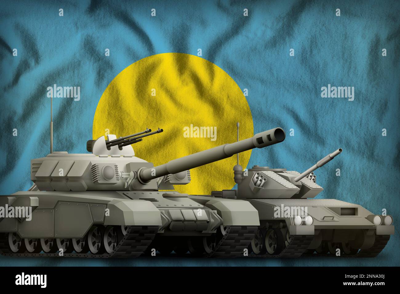 tanks on the Palau flag background. Palau tank forces concept. 3d ...