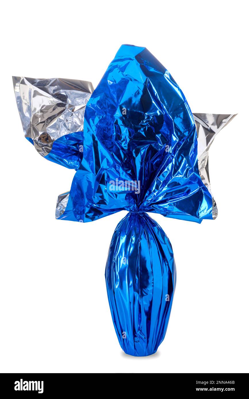 Easter egg wrapped in glittering blue paper isolated on white with ...