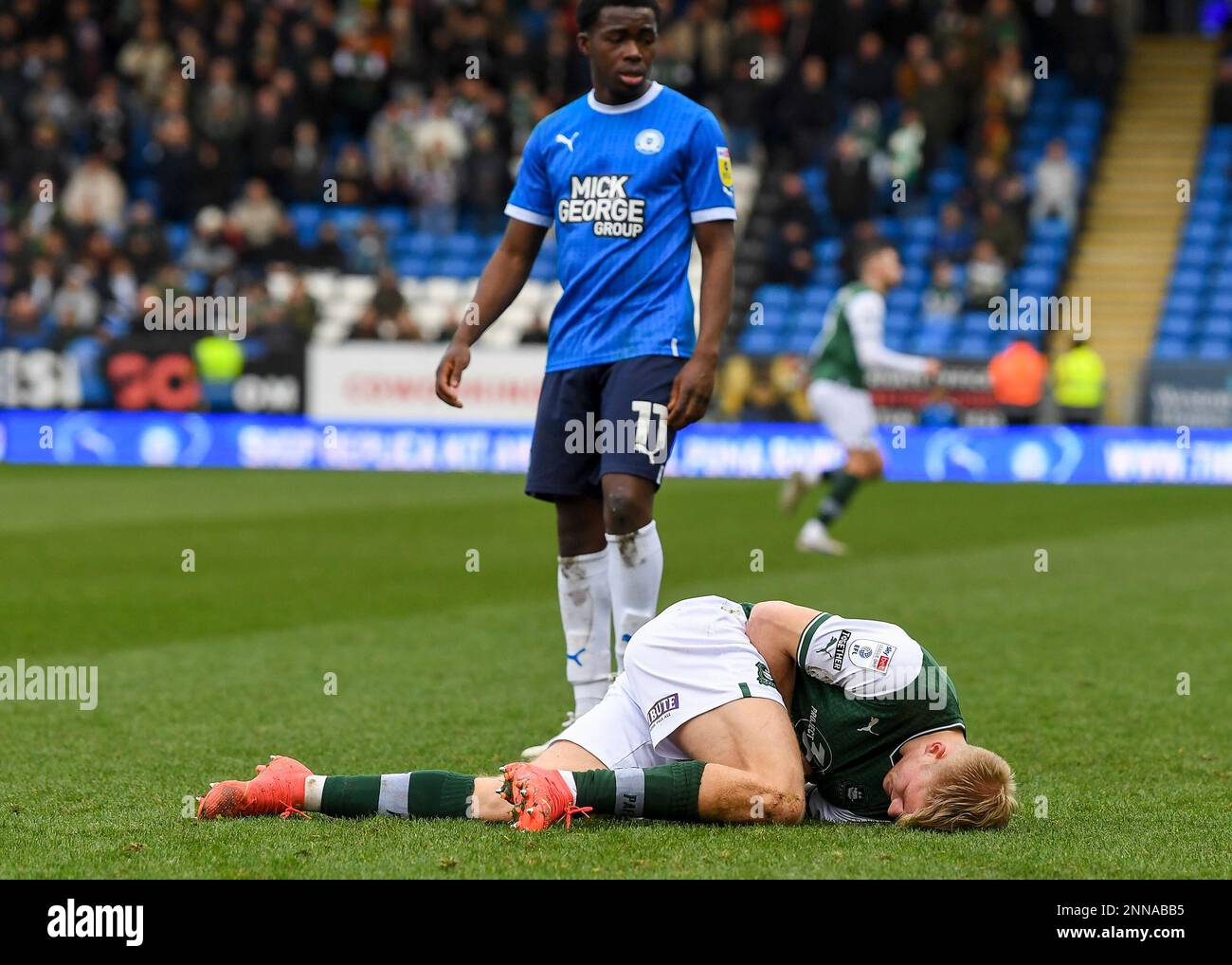 Plymouth Argyle defender Saxon Earley (24) is injured during the Sky ...