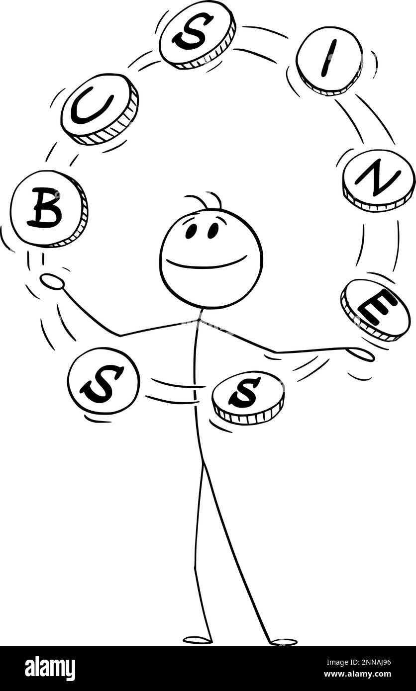 Businessman Juggling With Word Business , Vector Cartoon Stick Figure ...