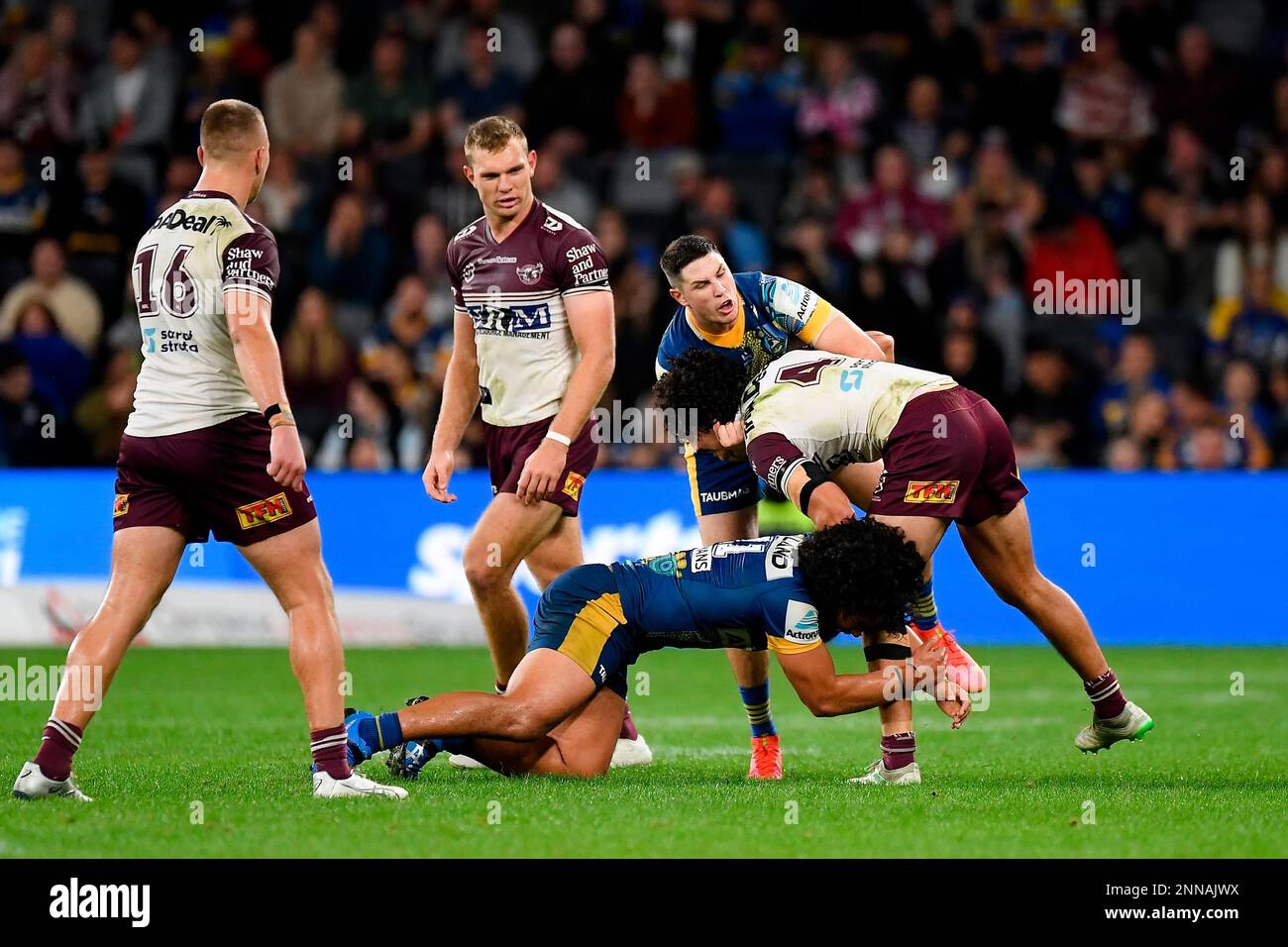 SYDNEY, AUSTRALIA - MAY 23: Morgan Harper of the Sea Eagles is tackled ...