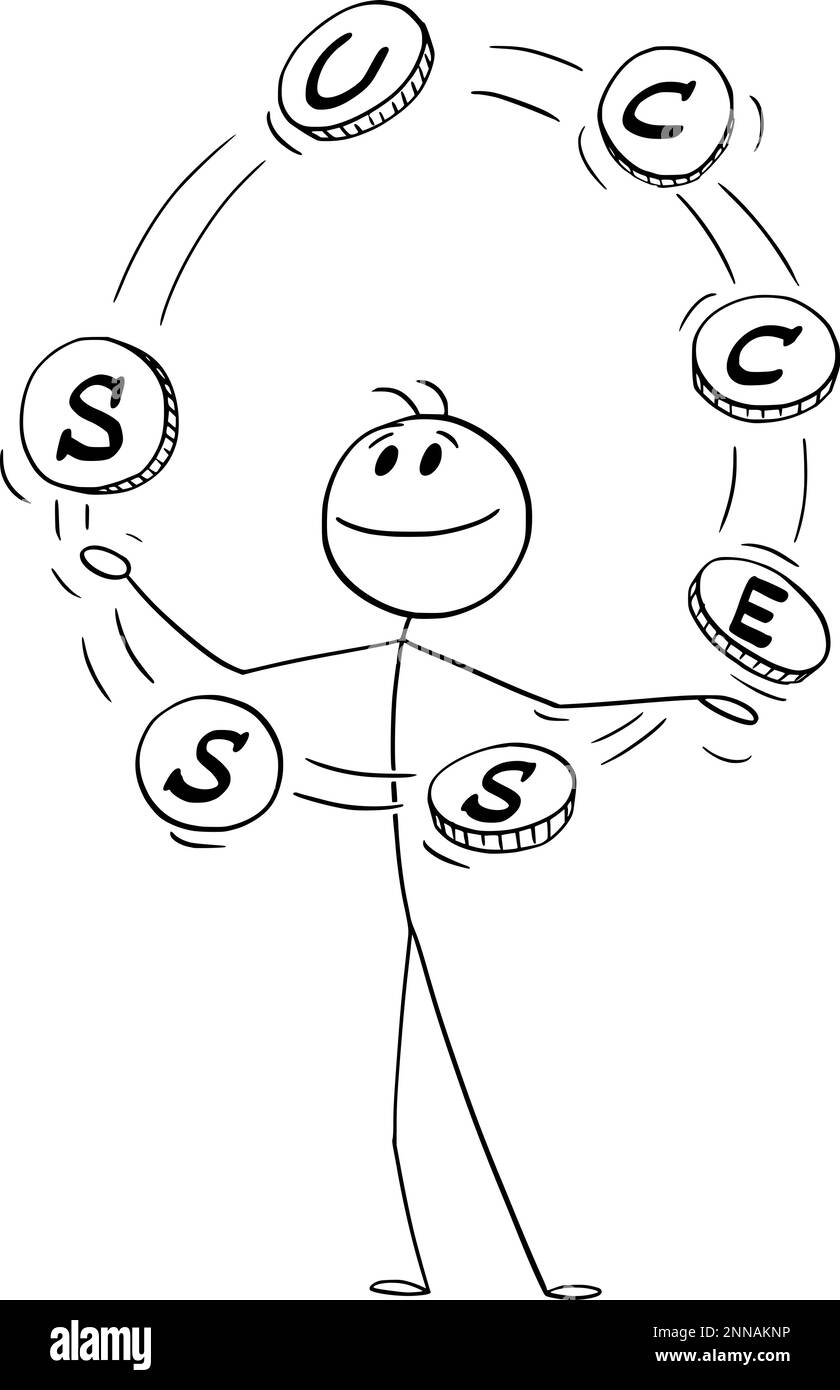 Businessman Juggling With Word Success , Vector Cartoon Stick Figure ...