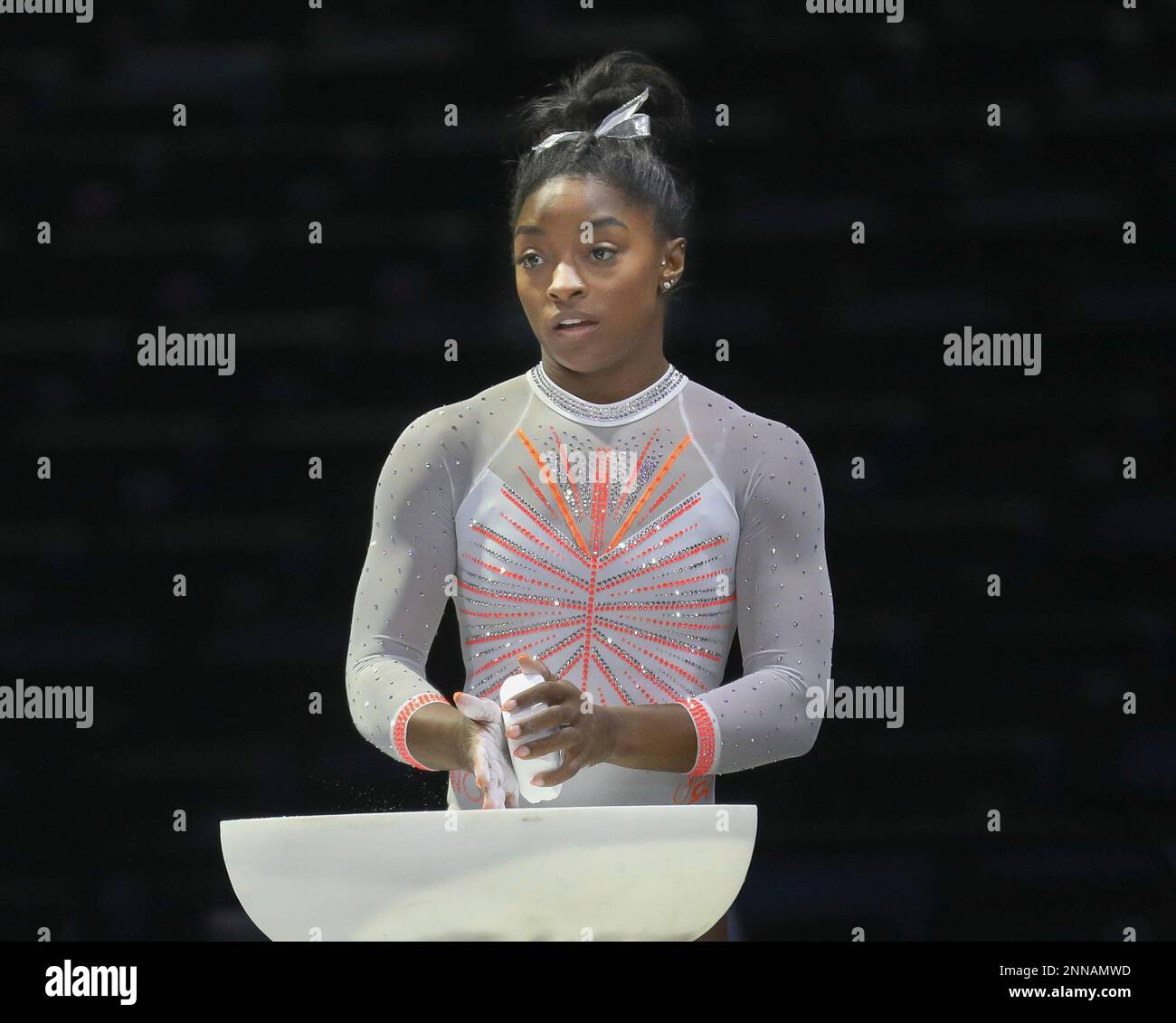 May 22, 2021: Simone Biles chalks up prior to performing her vault at ...