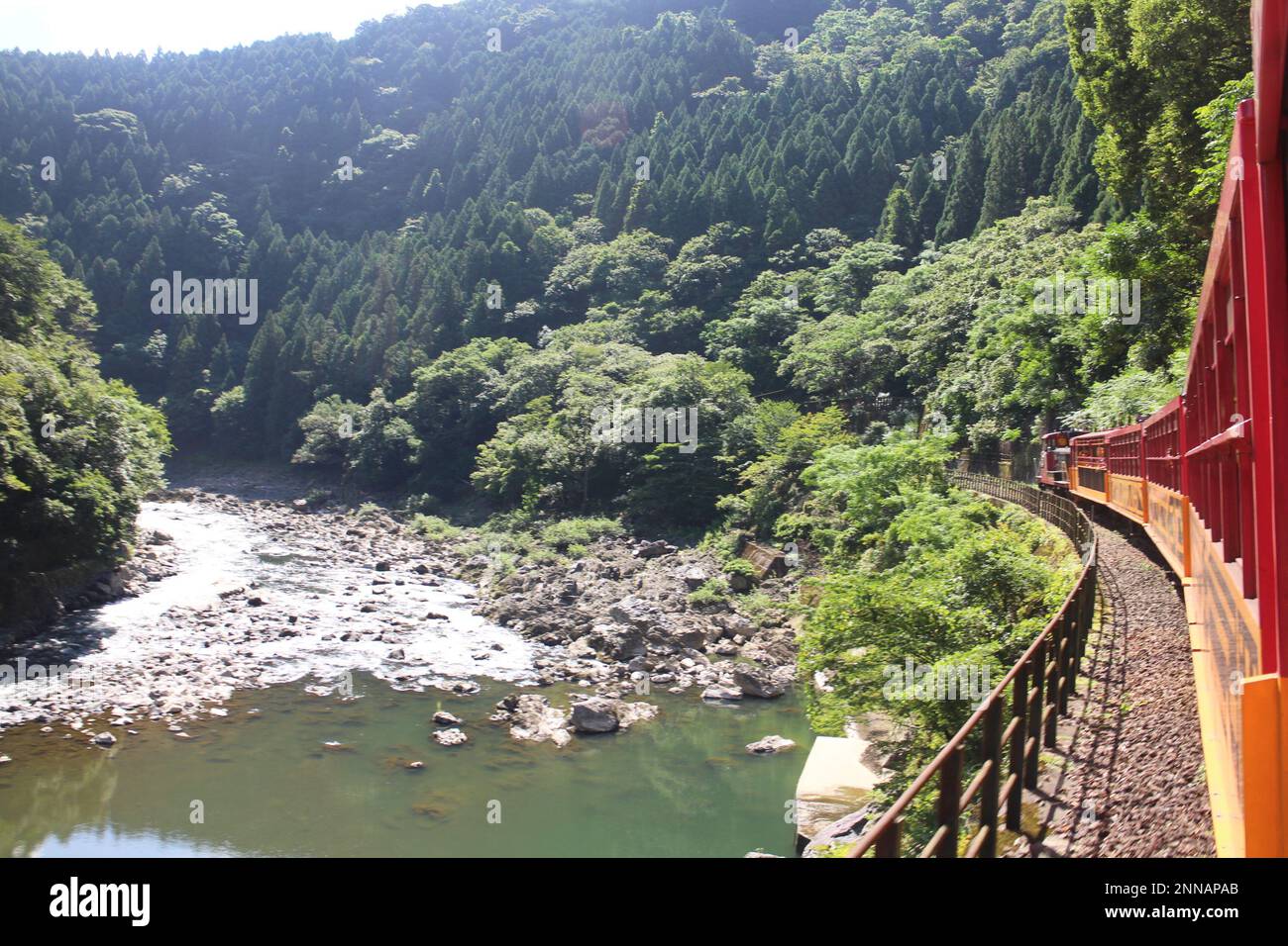 Hozugawa river viewed from Sagano romantic train in Kyoto, Japan Stock ...