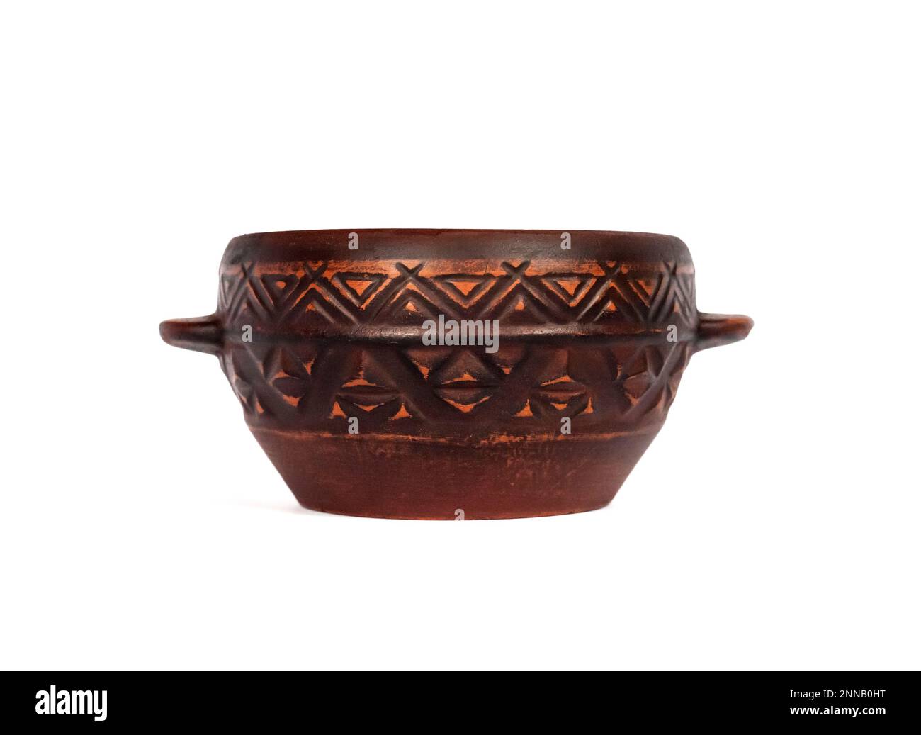 Brown ceramic rustic bowl isolated on white background. Front view ...