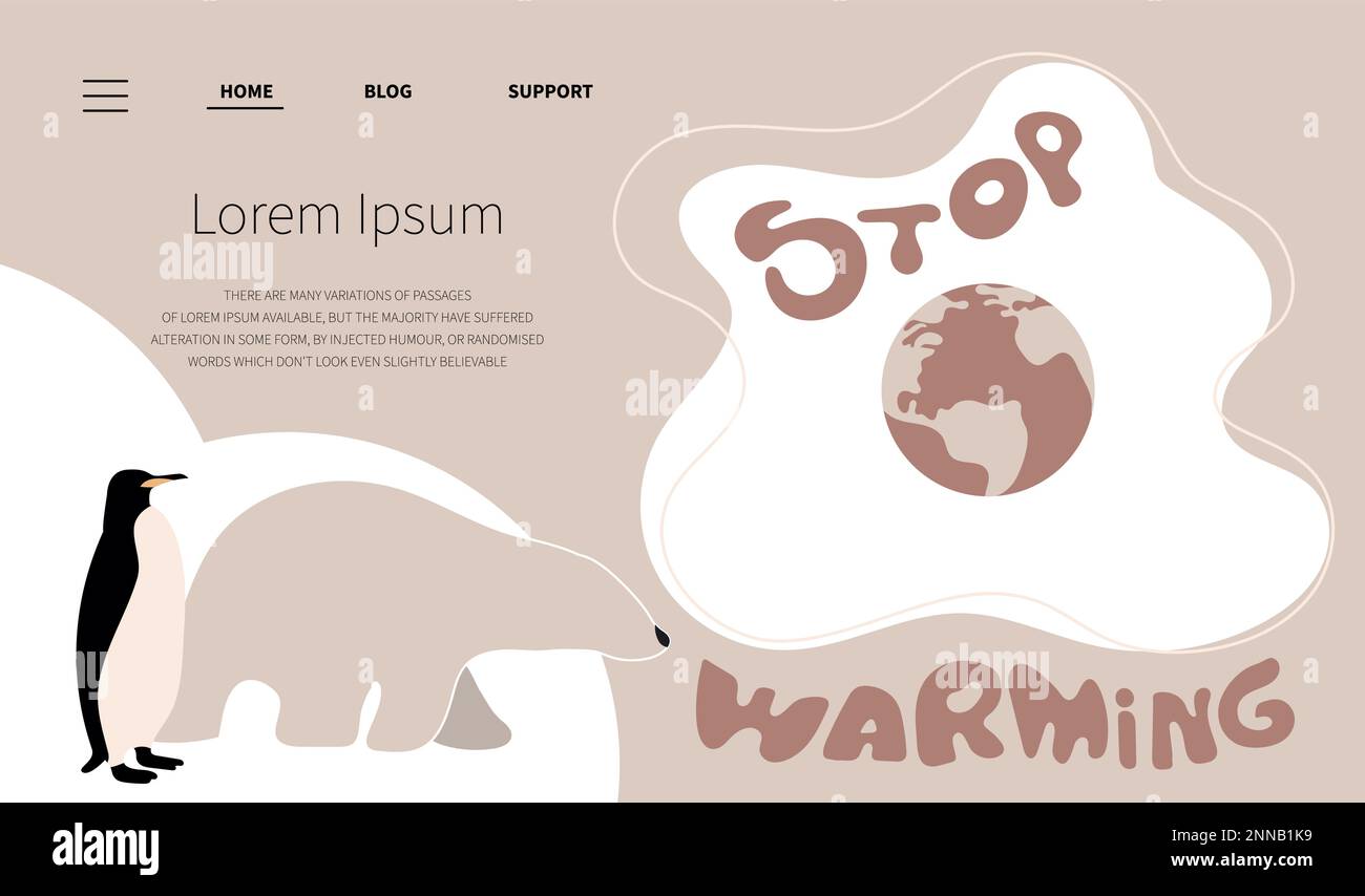 Landing page with lettering STOP WARMING and fry egg. The glacier melt ...