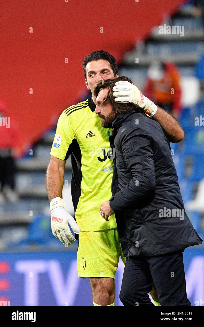Juventus goalie Gianluigi Buffon and coach Andrea Pirlo embrace after ...
