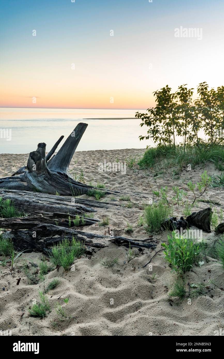 Lake Superior at sunrise, Munising, Alger Co., MI Stock Photo - Alamy