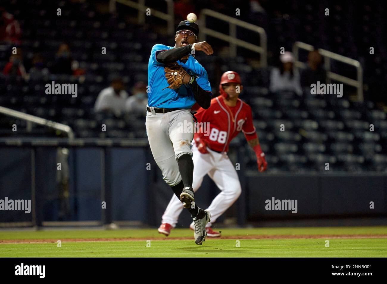 Miami Marlins third baseman Demetrius Sims (41) throws to first base as ...