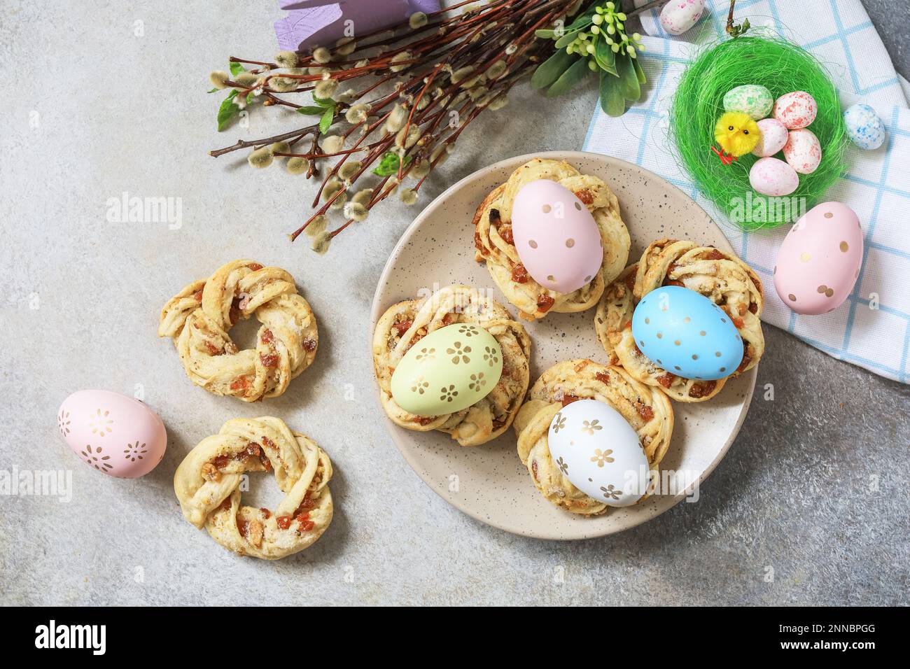 Easter composition. Sweet Italian Easter Bread Rings from puff pastry ...