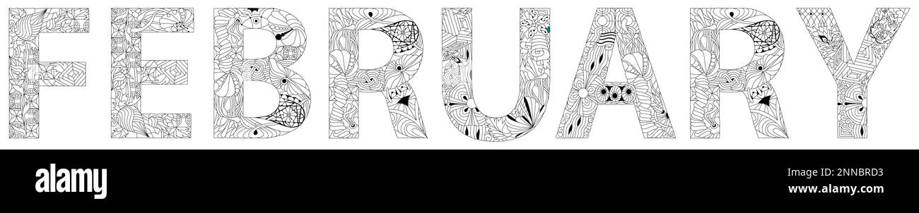 Hand-painted art design. Hand drawn illustration word February for ...