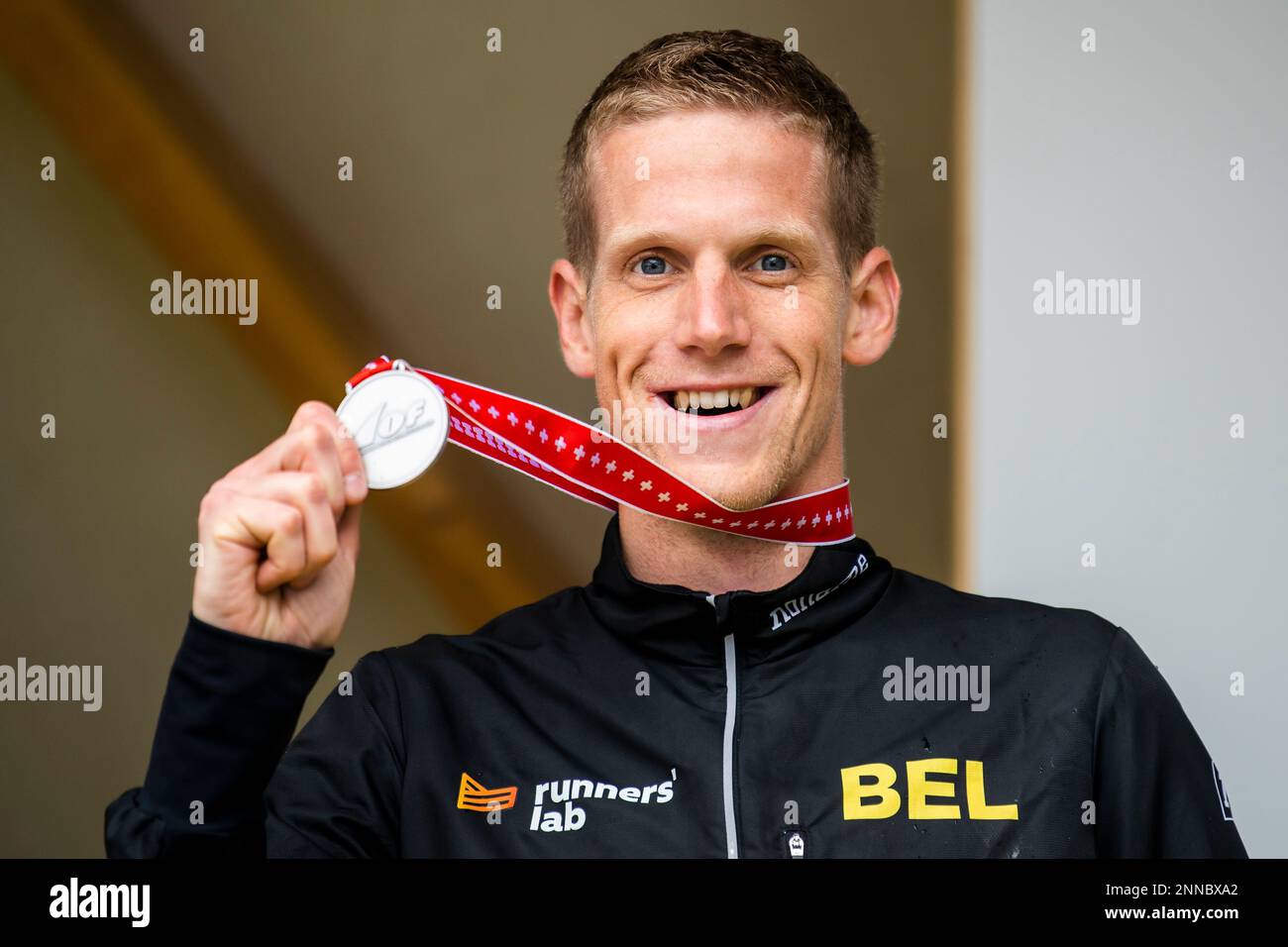 Yannick Michiels of Belgium celebrates with the silver medal on the ...