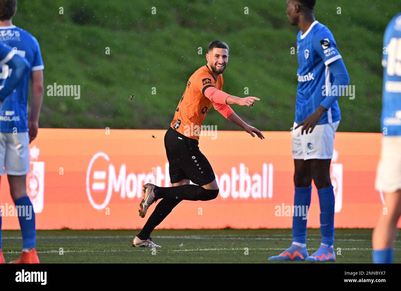 Deinze's Dylan De Belder celebrates after scoring during a soccer match ...