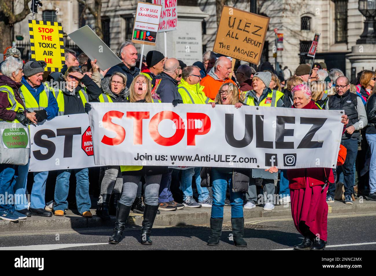 London, UK. 25th Feb, 2023. A Stop the ULEZ protest in Trafalgar Square ...