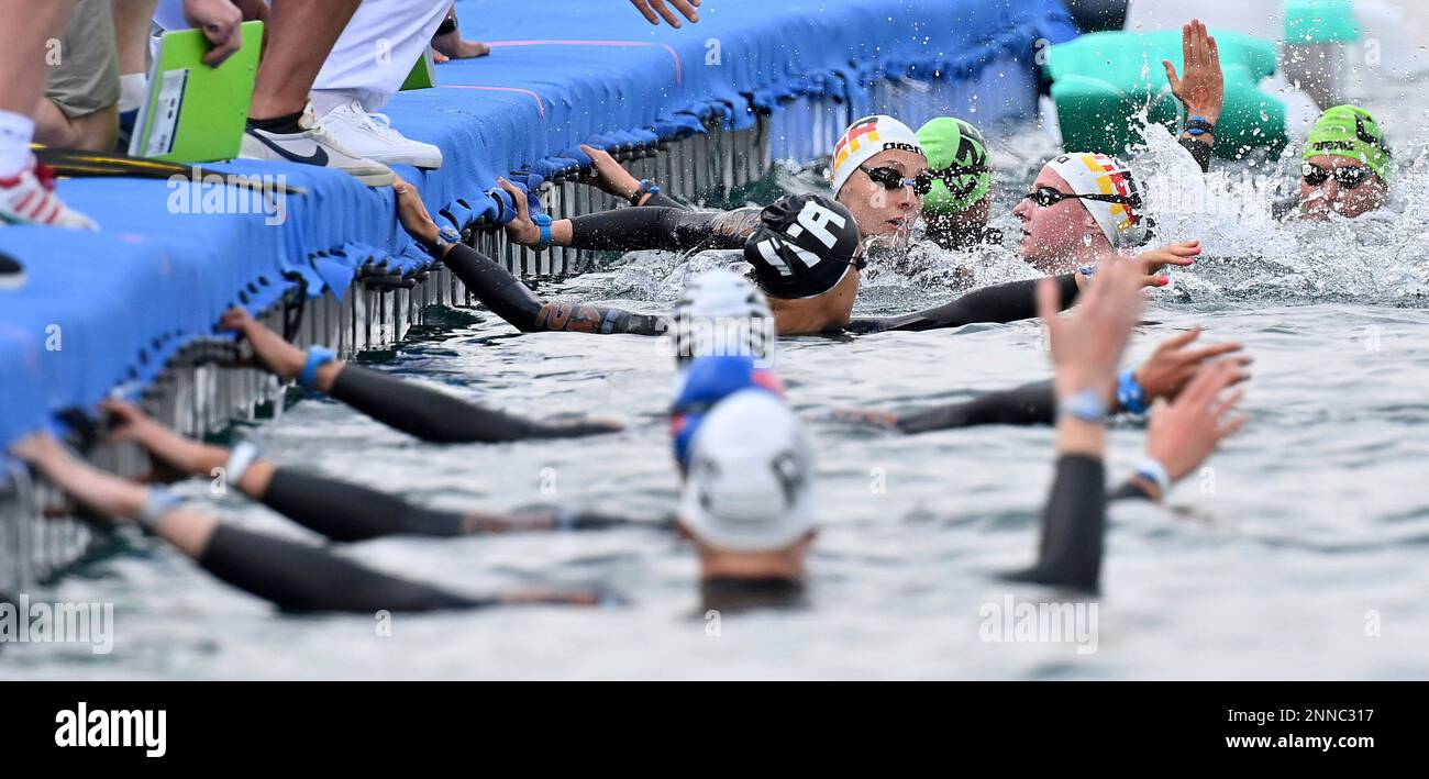 Lea Boy, right, and Leonie Beck of Germany relay during teams' open ...