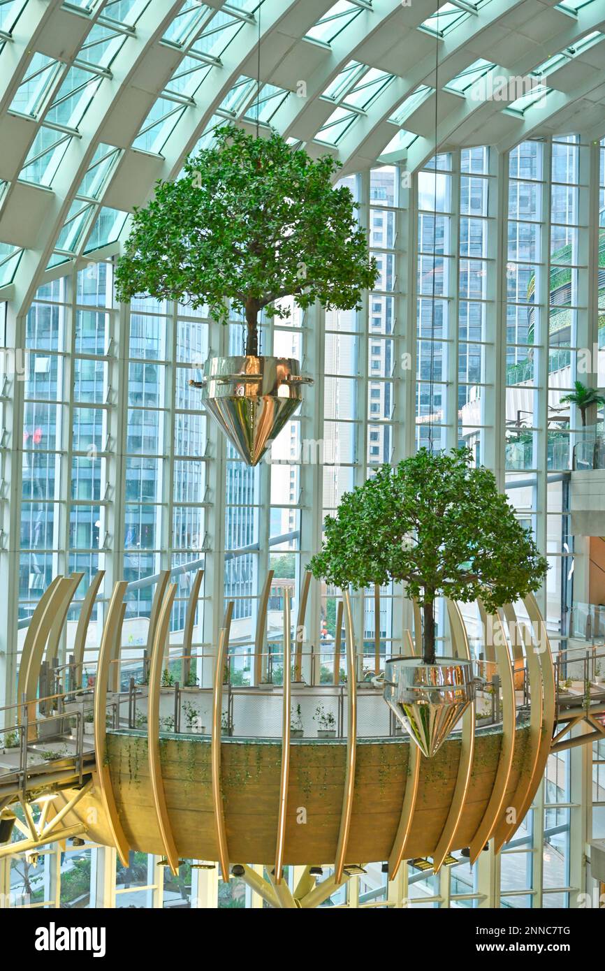 A view of the trees growing in containers hung in the air in a new ...